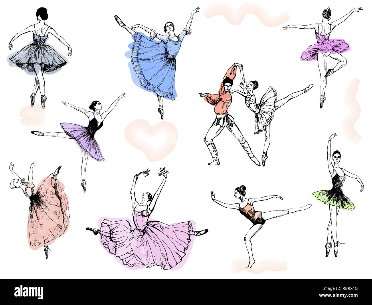 Big set of hand drawn sketch style abstract ballet dancers isolated on ...
