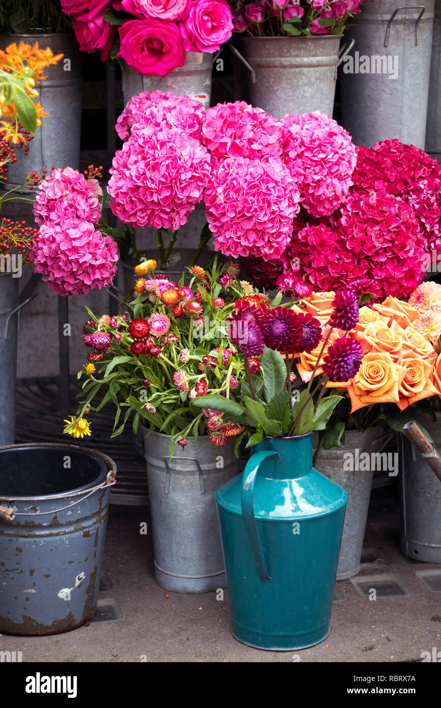 The colorful variety of flowers sold in the market in London Stock ...