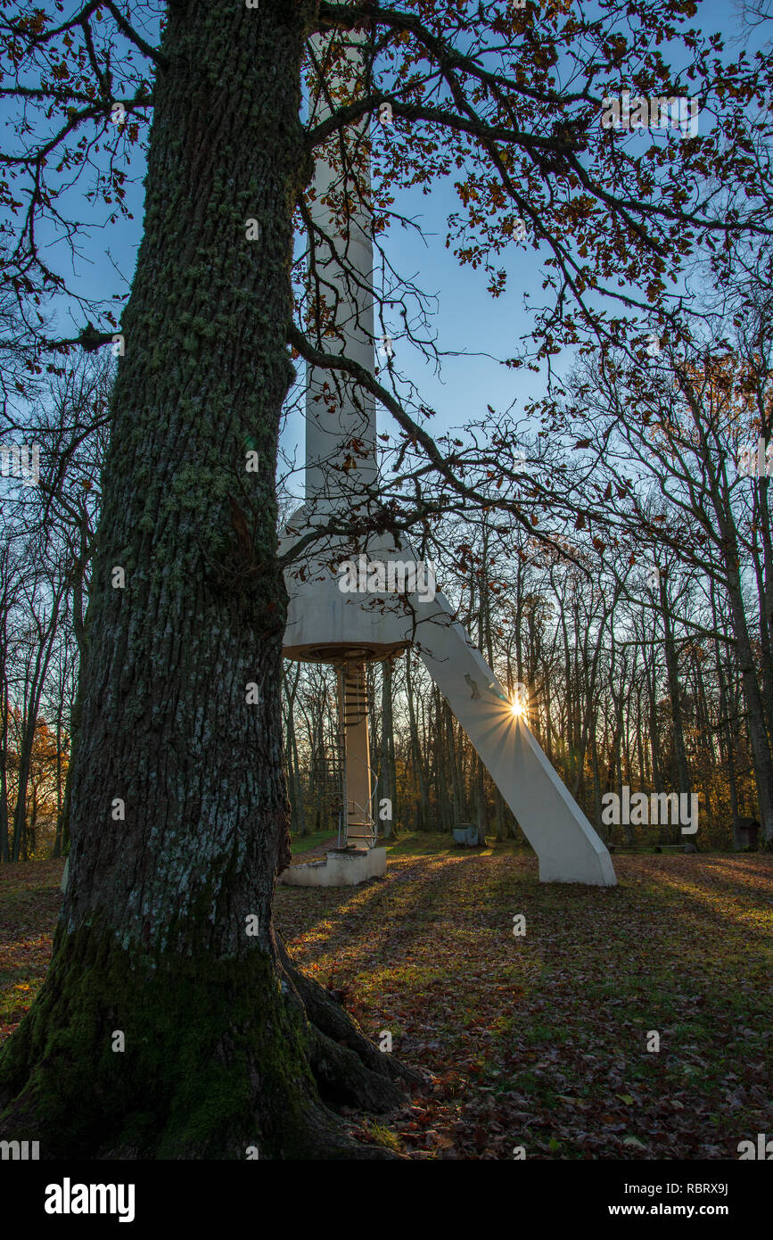 watchtower details and wooden bars, stairs and walls from below up ...