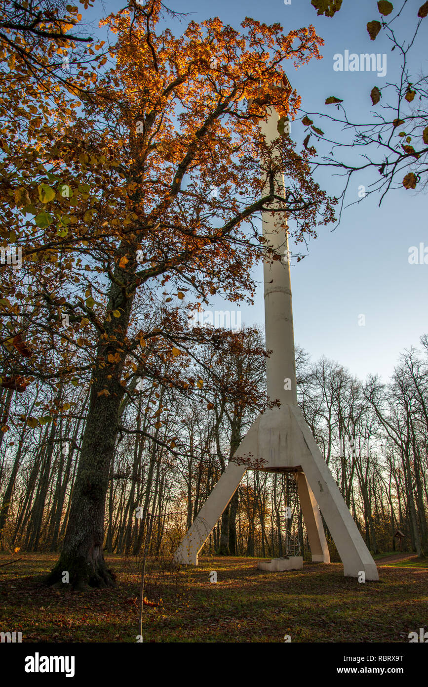 watchtower details and wooden bars, stairs and walls from below up ...
