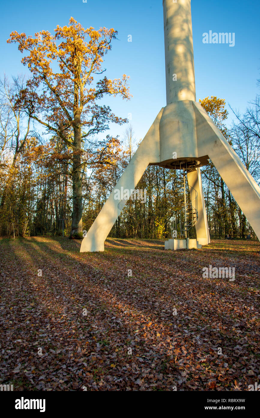 watchtower details and wooden bars, stairs and walls from below up ...