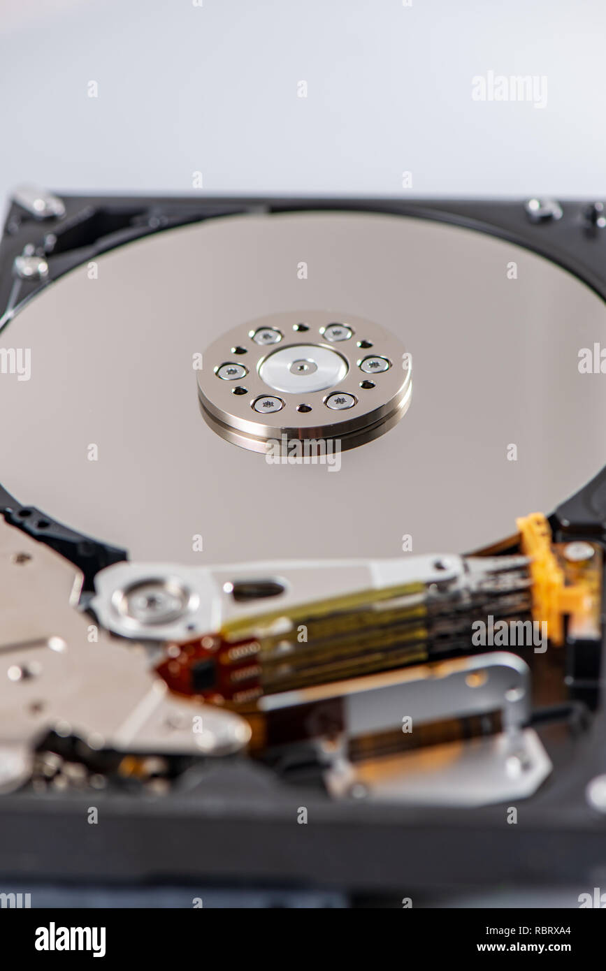 hard disk rotating details. open up computer memory device with reading ...