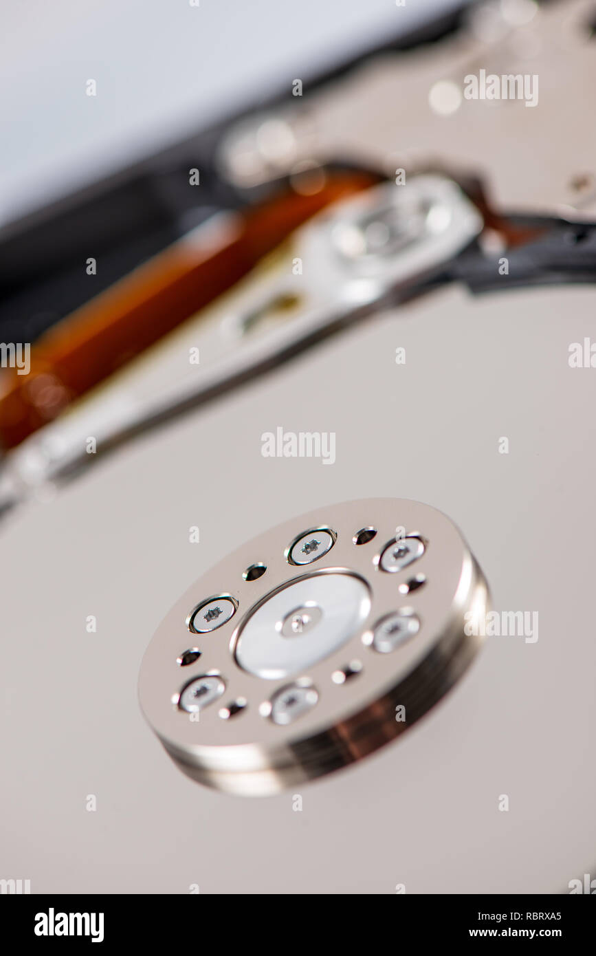 hard disk rotating details. open up computer memory device with reading ...