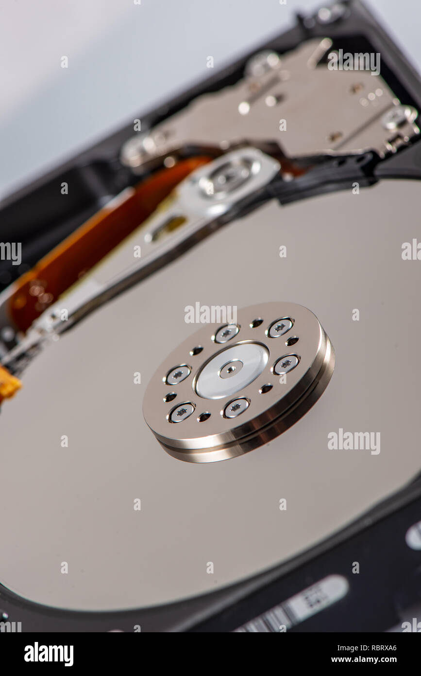 hard disk rotating details. open up computer memory device with reading ...