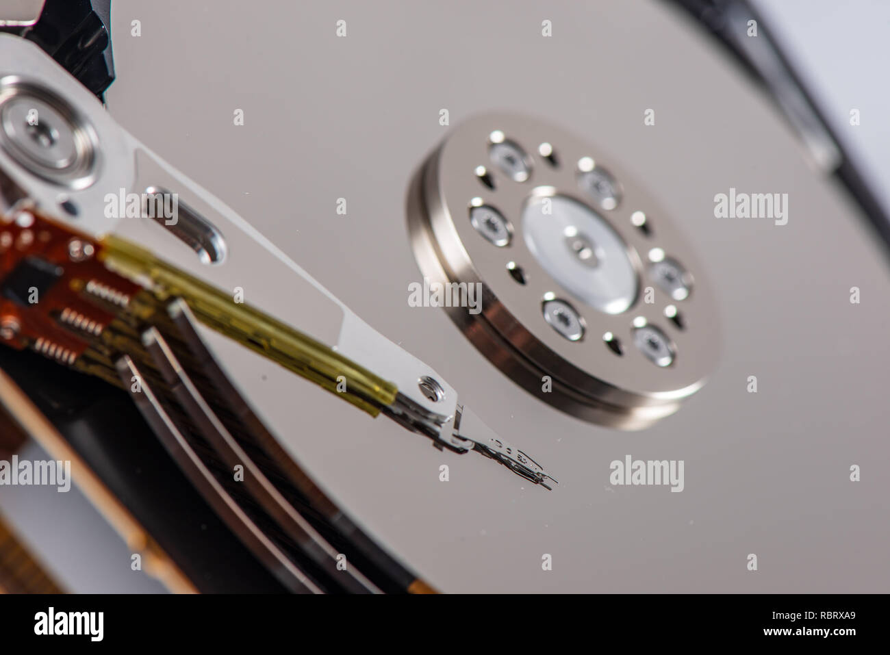 hard disk rotating details. open up computer memory device with reading ...