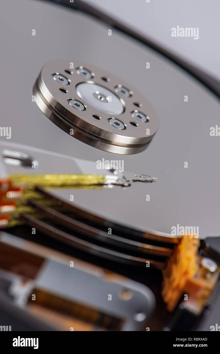 hard disk rotating details. open up computer memory device with reading ...