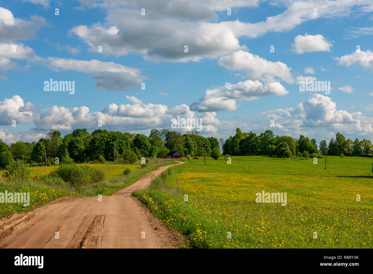 country gravel road in perspective with old and broken asphalt in ...