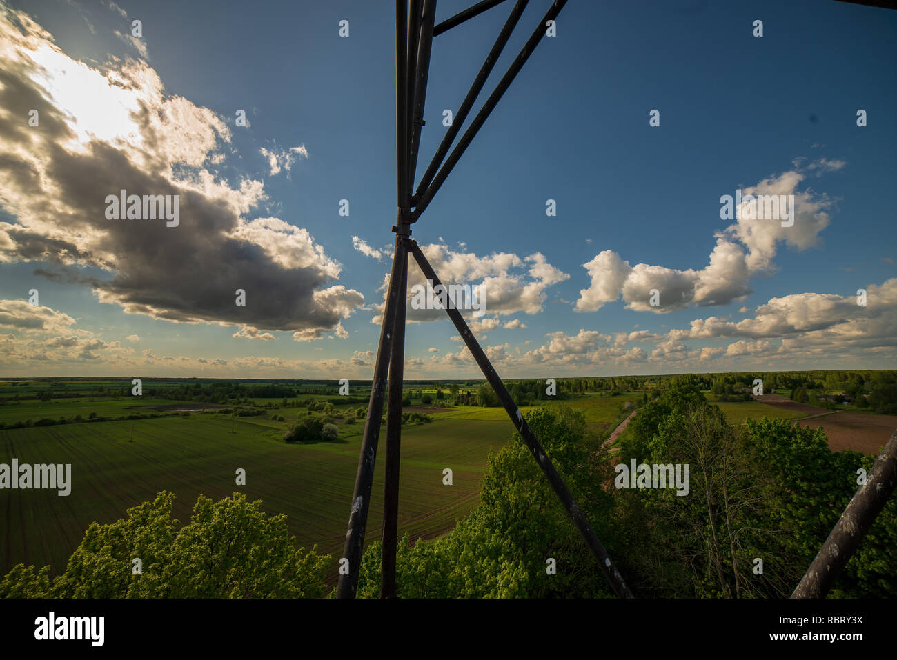 watchtower details and wooden bars, stairs and walls from below up ...