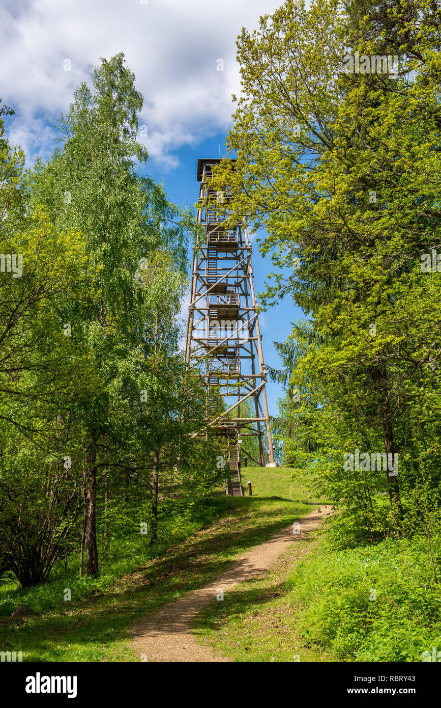watchtower details and wooden bars, stairs and walls from below up ...