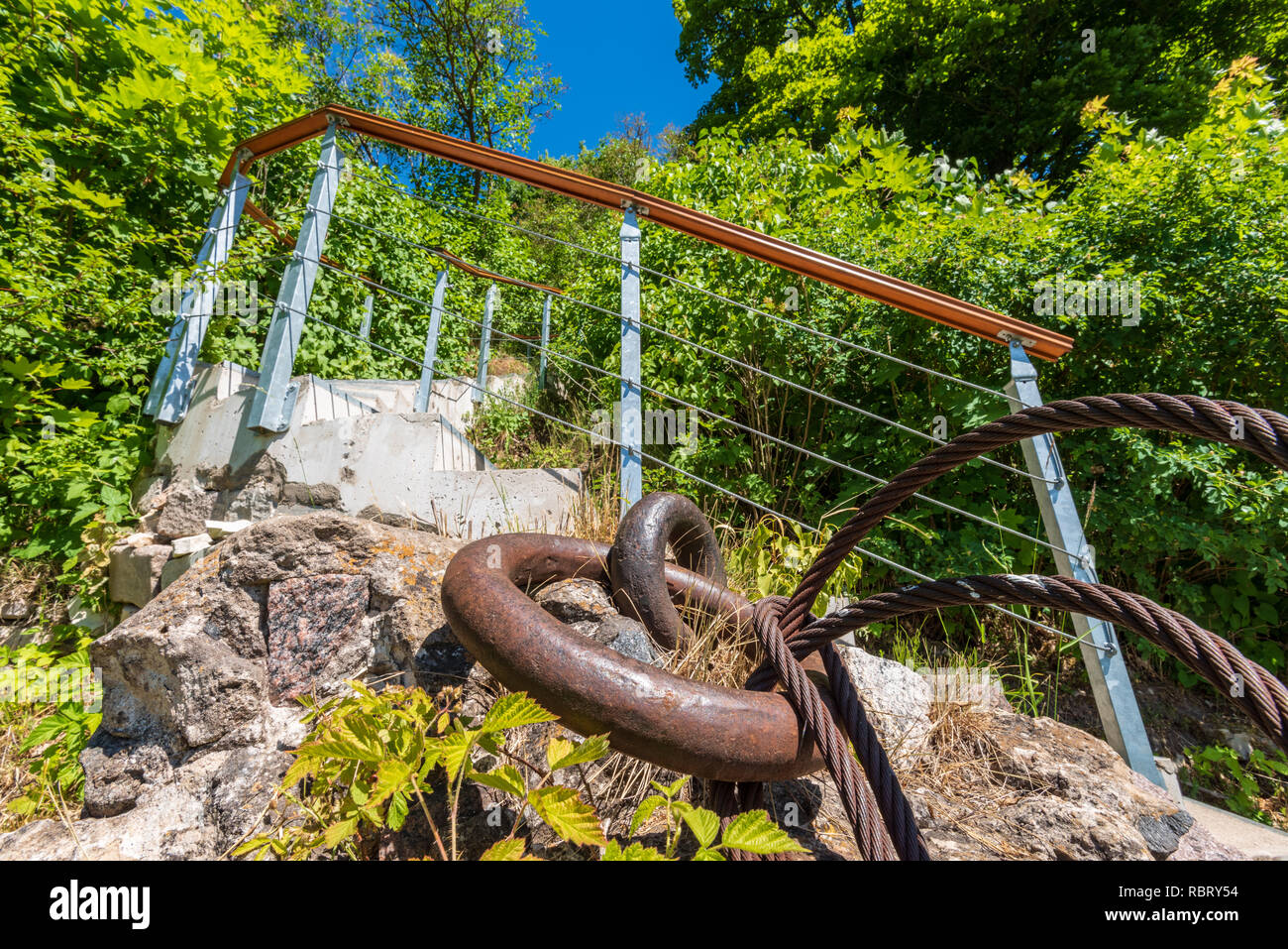 watchtower details and wooden bars, stairs and walls from below up ...