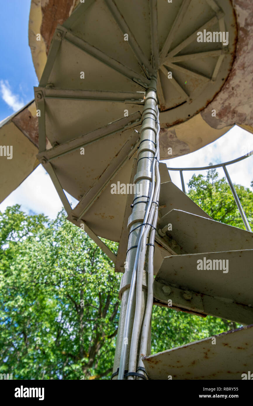 watchtower details and wooden bars, stairs and walls from below up ...