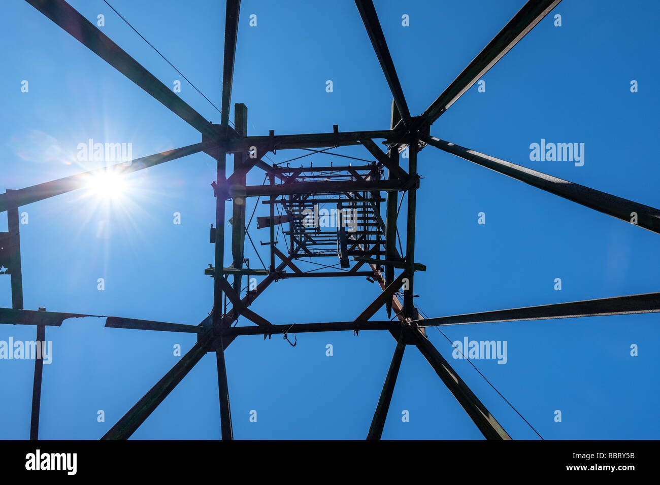 watchtower details and wooden bars, stairs and walls from below up ...