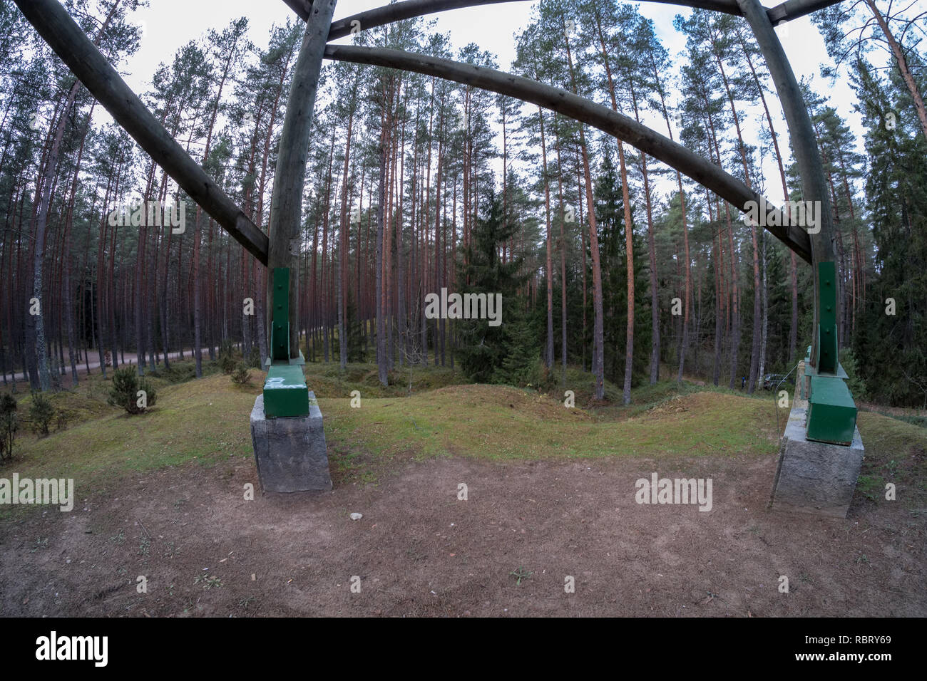 watchtower details and wooden bars, stairs and walls from below up ...