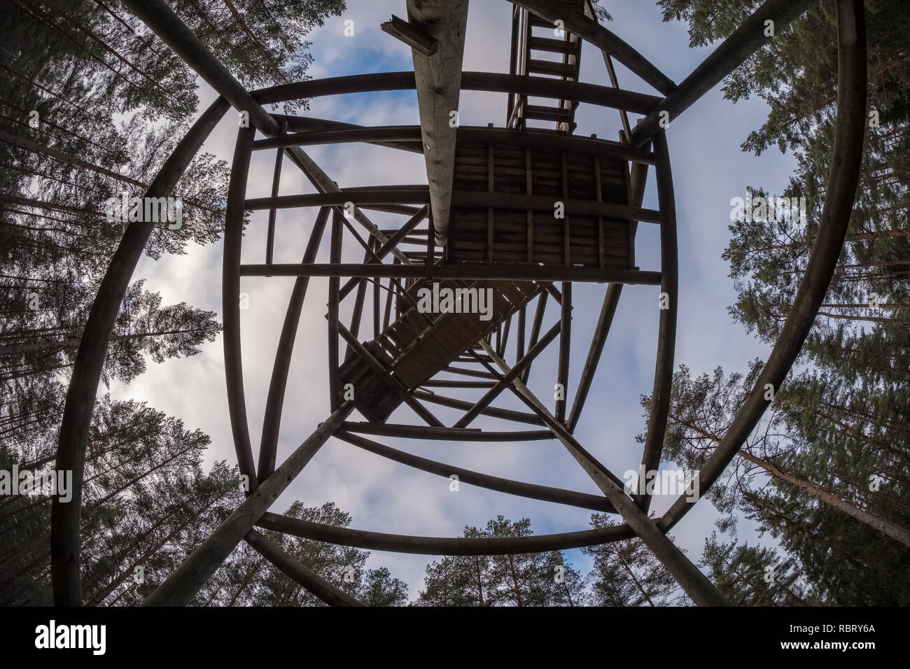 watchtower details and wooden bars, stairs and walls from below up ...