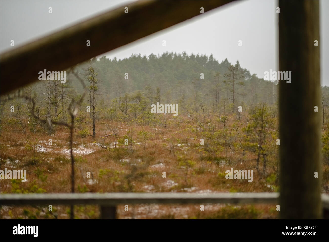watchtower details and wooden bars, stairs and walls from below up ...