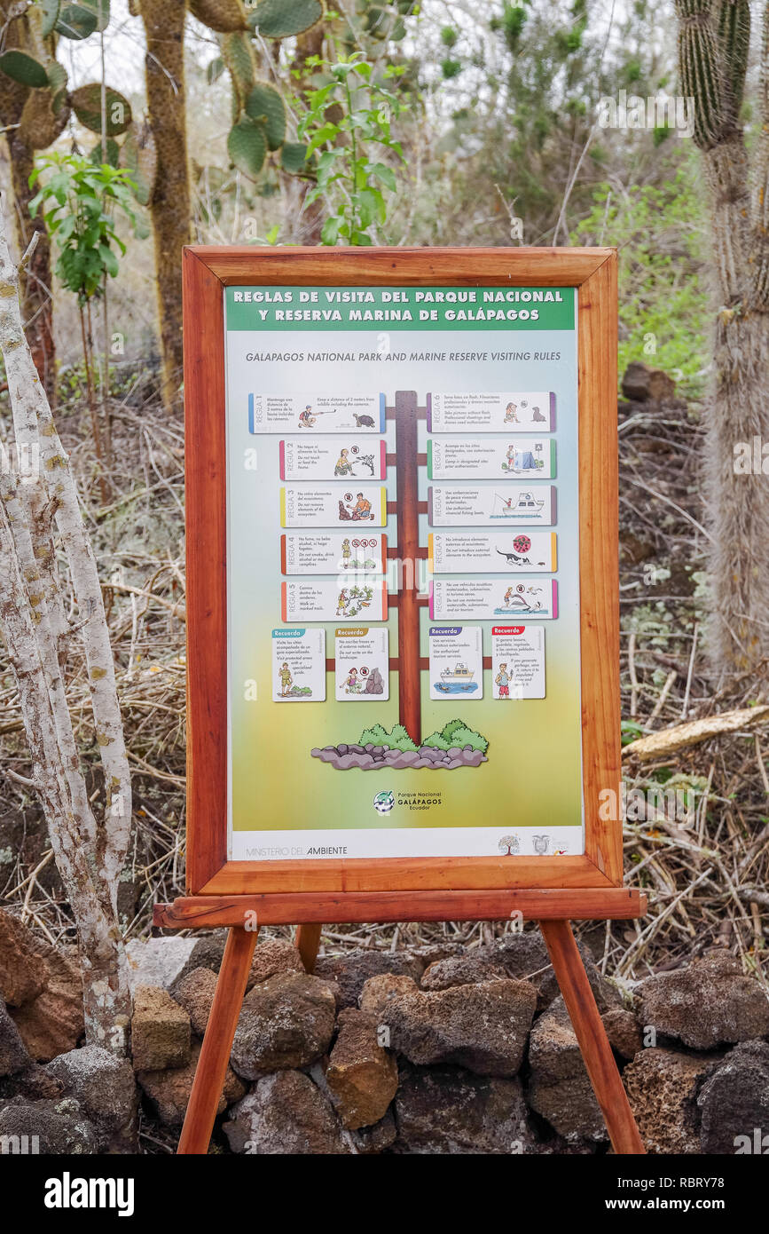 GALAPAGOS, ECUADOR- NOVEMBER, 11 2018: Outdoor view of informative sign ...