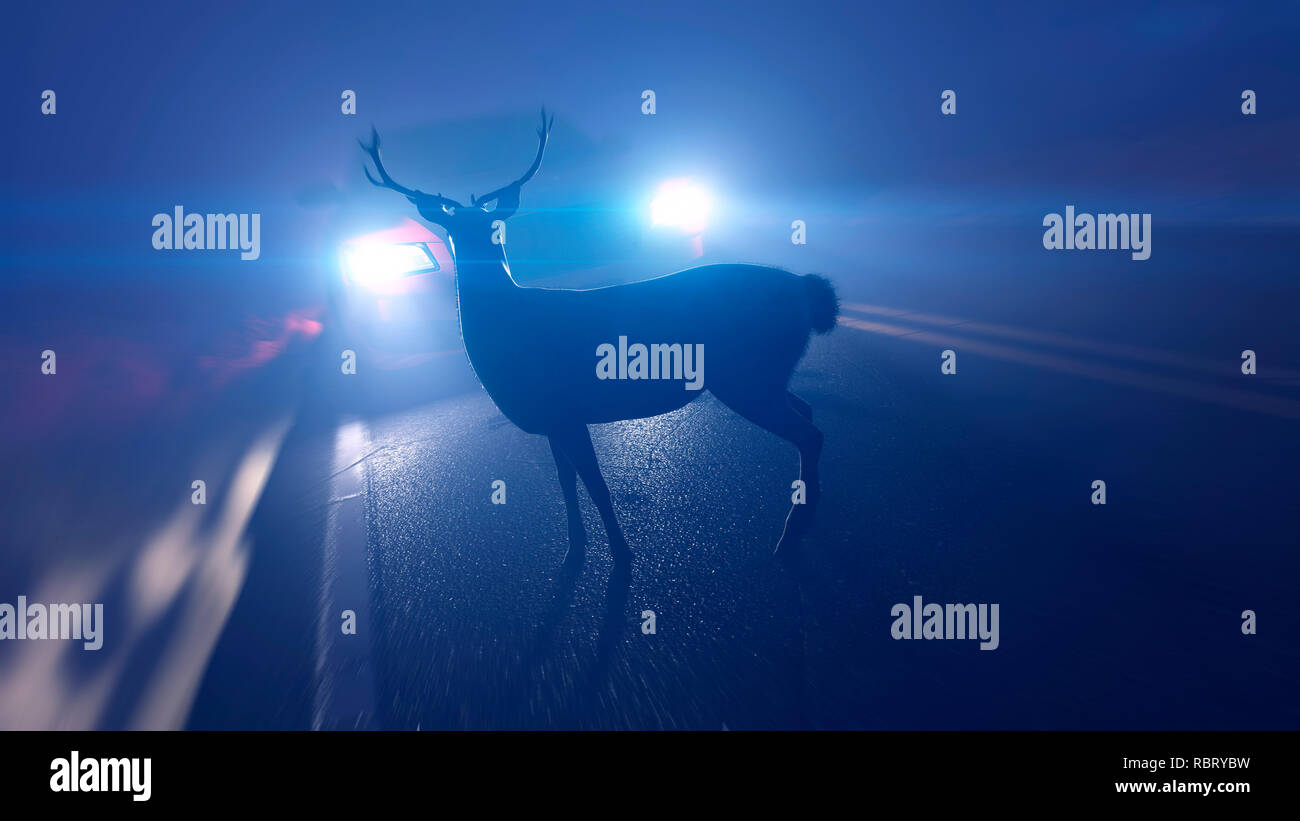 Illustration of a deer in front of a car Stock Photo - Alamy