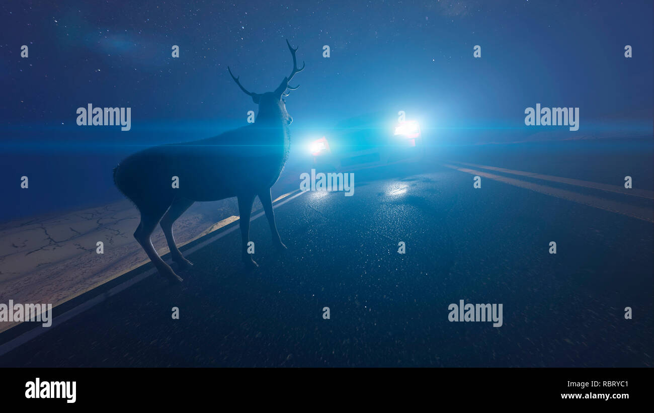Illustration of a deer in front of a car Stock Photo - Alamy