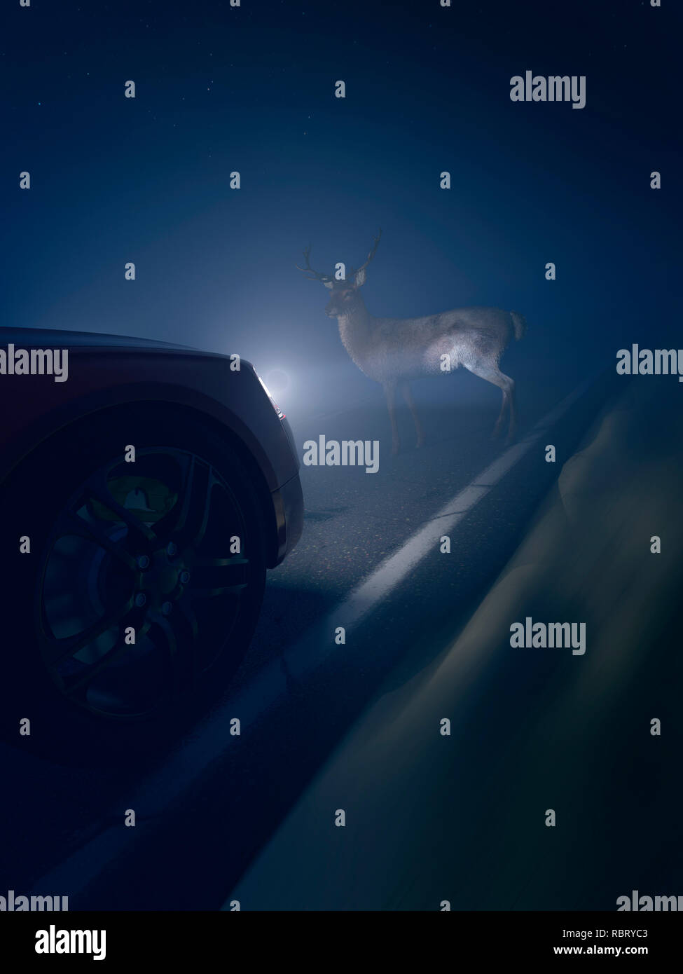 Illustration of a deer in front of a car Stock Photo - Alamy
