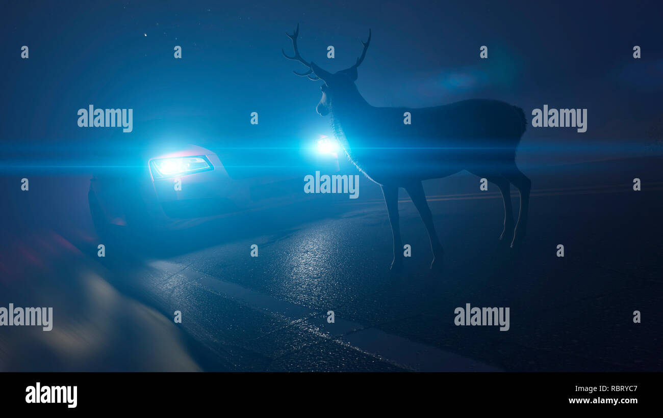 Illustration of a deer in front of a car Stock Photo - Alamy