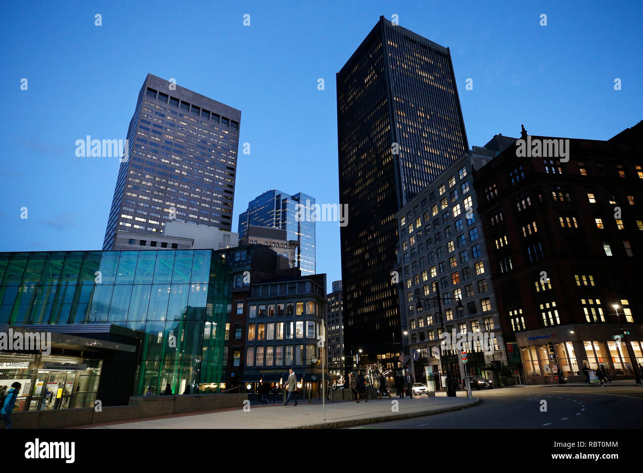 Downtown Boston office buildings from street level, dusk, blue hour ...