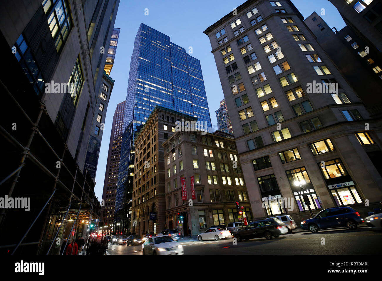Downtown Boston office buildings from street level, dusk, blue hour ...