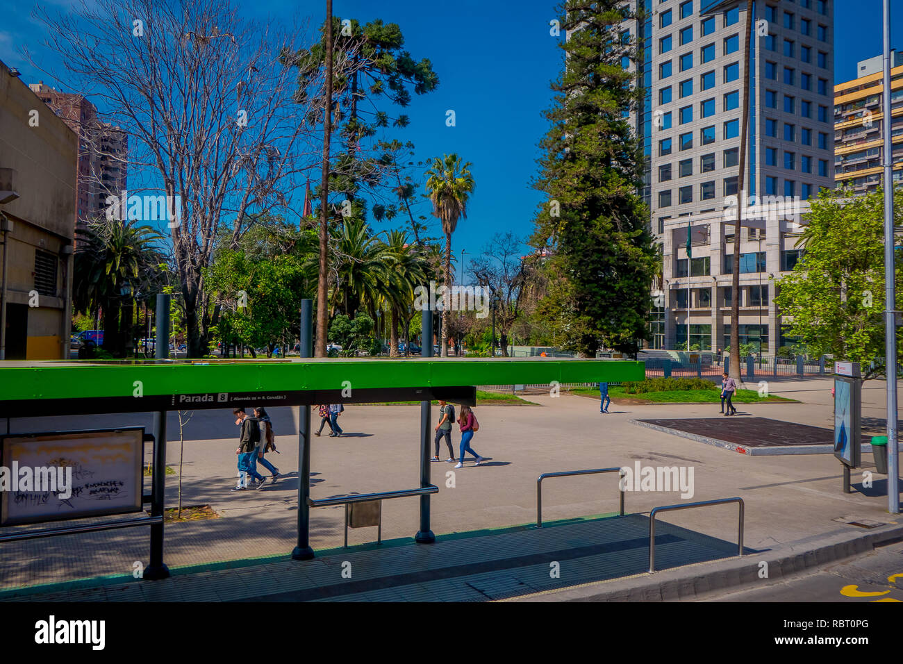 SANTIAGO, CHILE - OCTOBER 16, 2018: Outdoor view of green bus stop ...