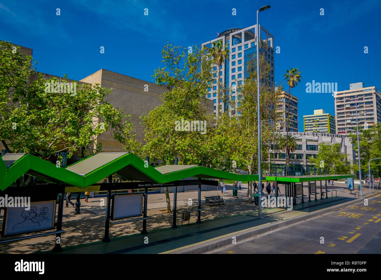 SANTIAGO, CHILE - OCTOBER 16, 2018: Outdoor view of green bus stop ...