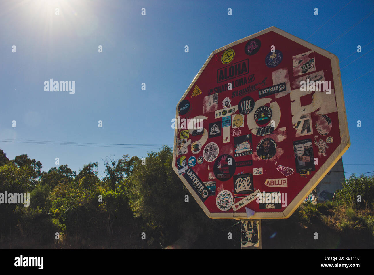 Traffic sing. Traffic sign "Stop" in stickers on the “Punta Paloma ...