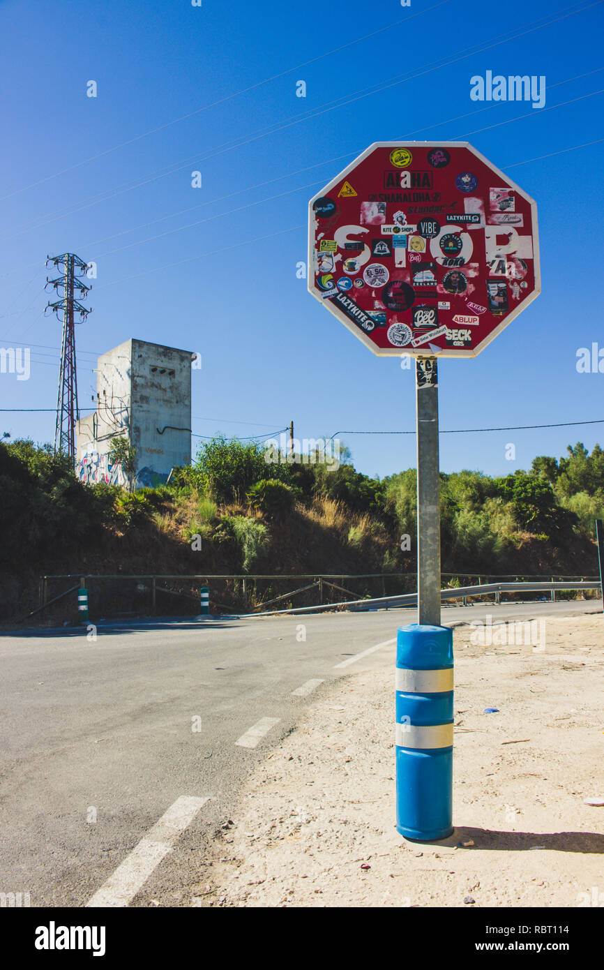Traffic sing. Traffic sign "Stop" in stickers on the “Punta Paloma ...