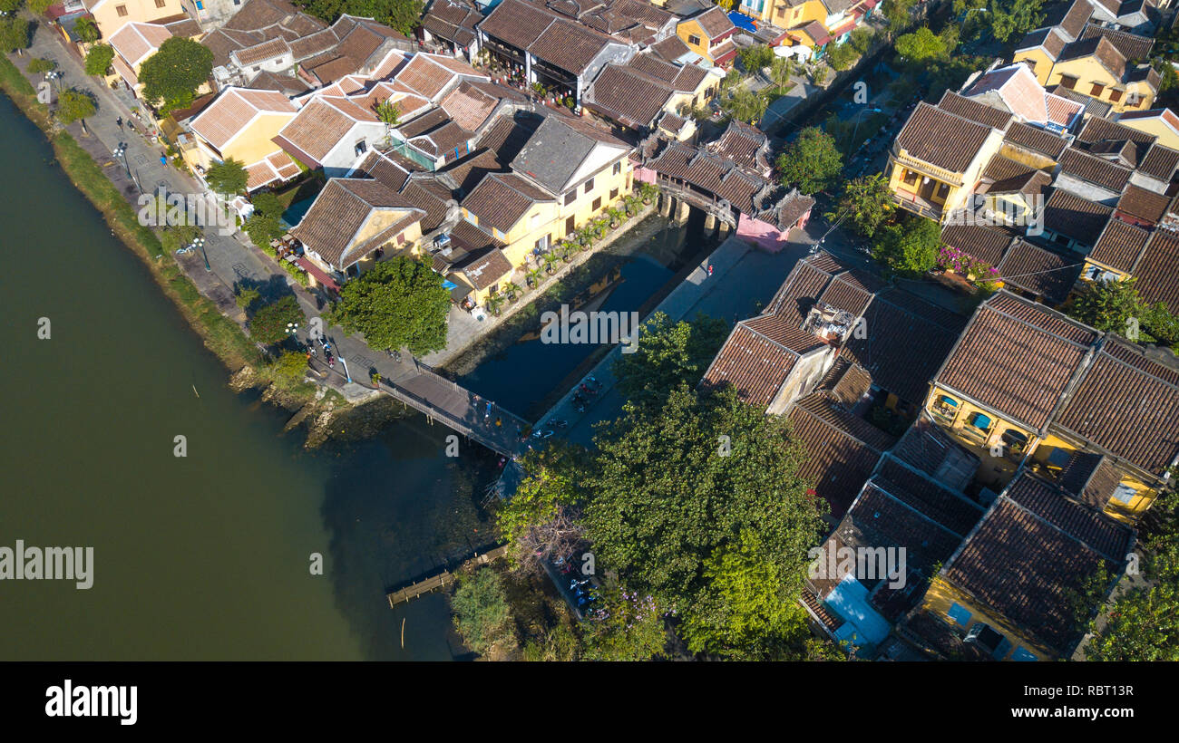 Aerial view panorama Chua Cau, the Pagoda Bridge or The Japanese ...