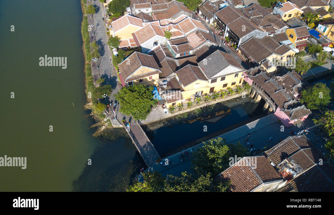 Aerial view panorama Chua Cau, the Pagoda Bridge or The Japanese ...