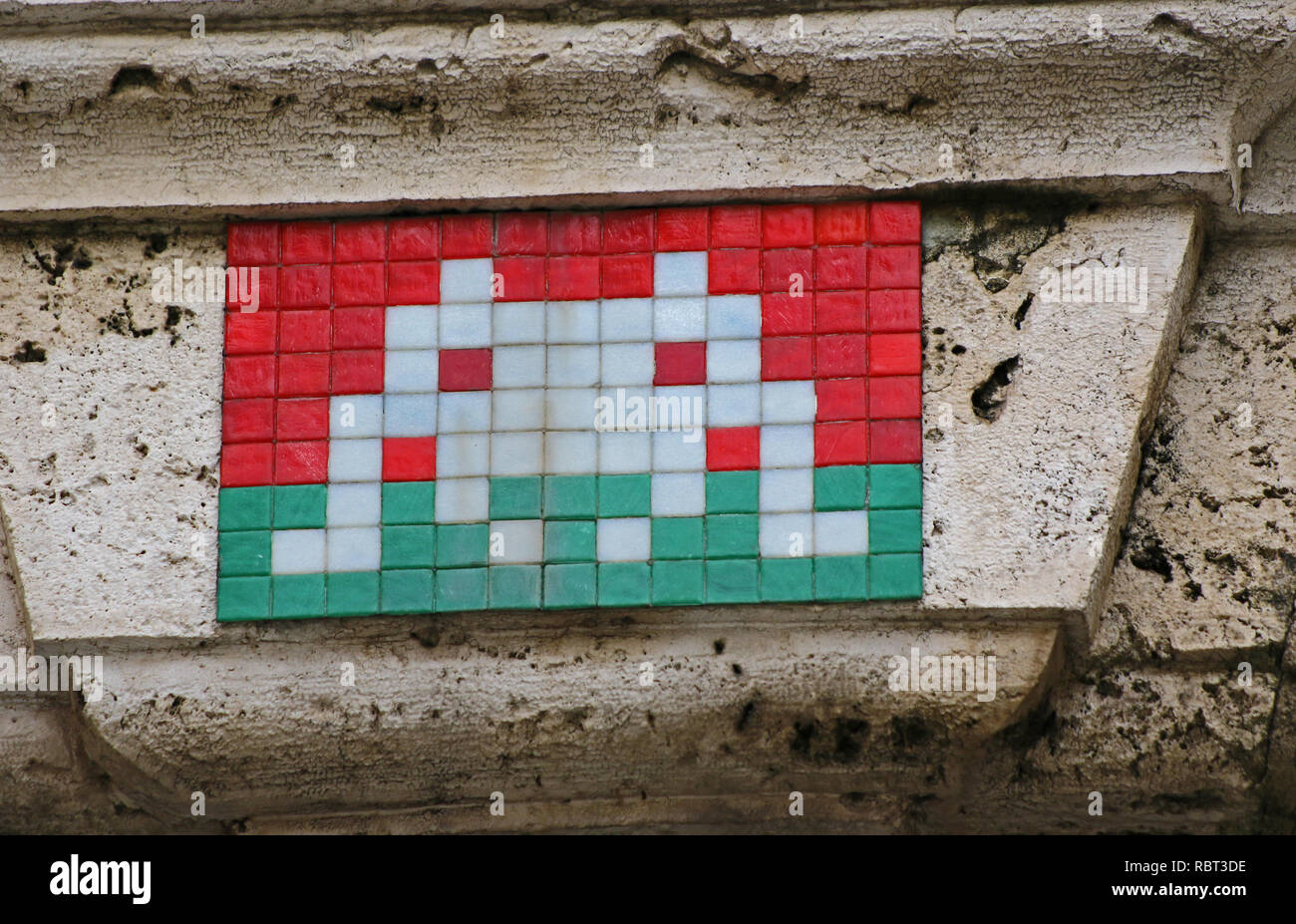 Invader art or space invader street mosaic on a bridge in Rome over Via ...