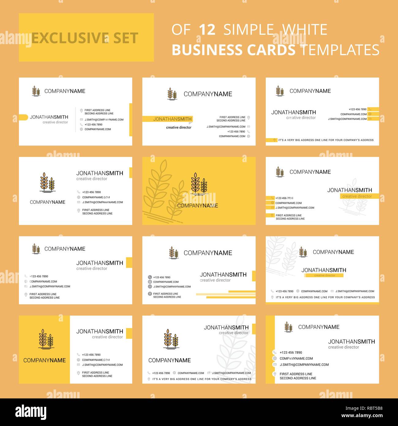 Set of 12 Wheat Creative Busienss Card Template. Editable Creative logo ...