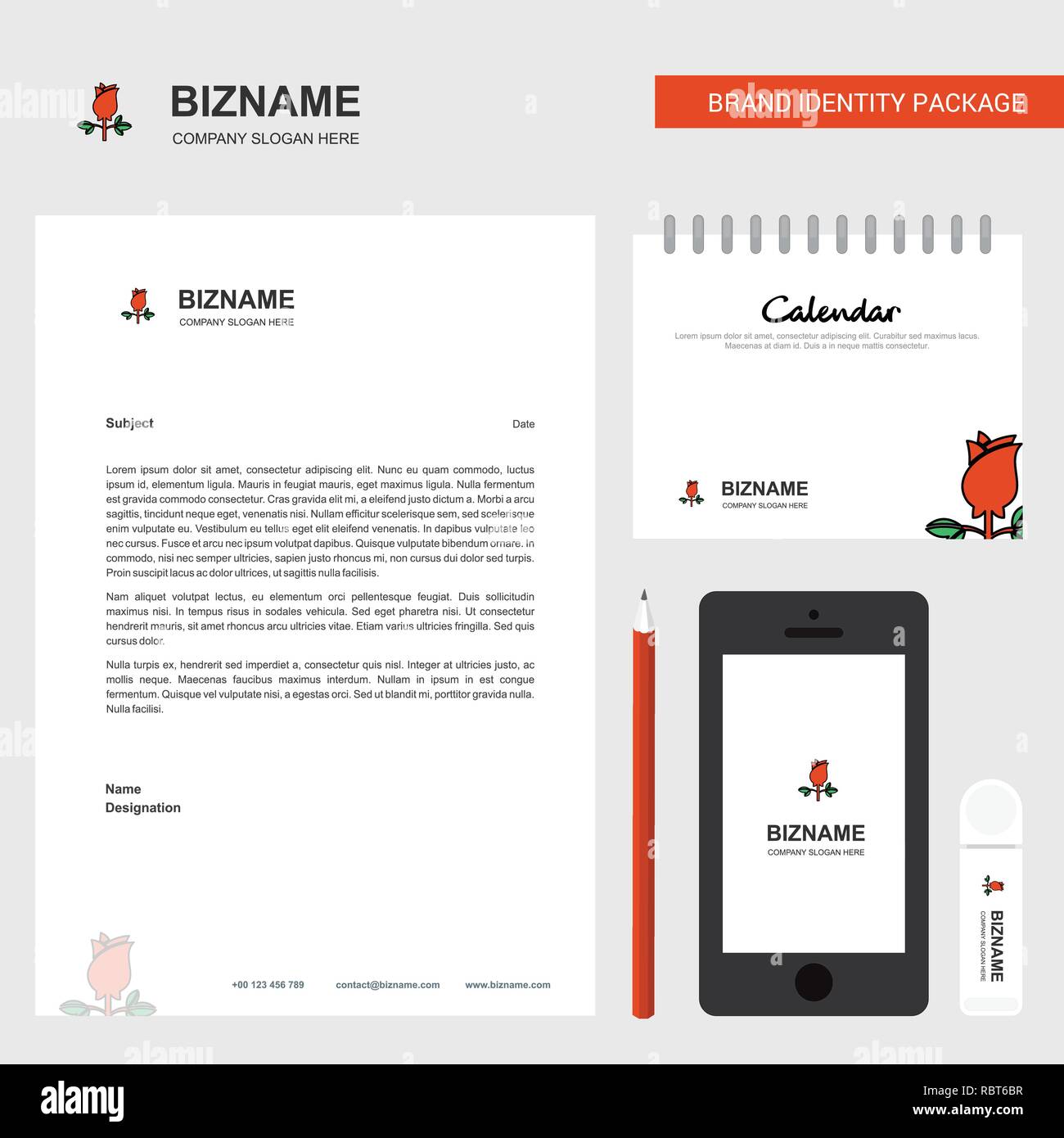 Rose Business Letterhead, Calendar 2019 and Mobile app design vector ...