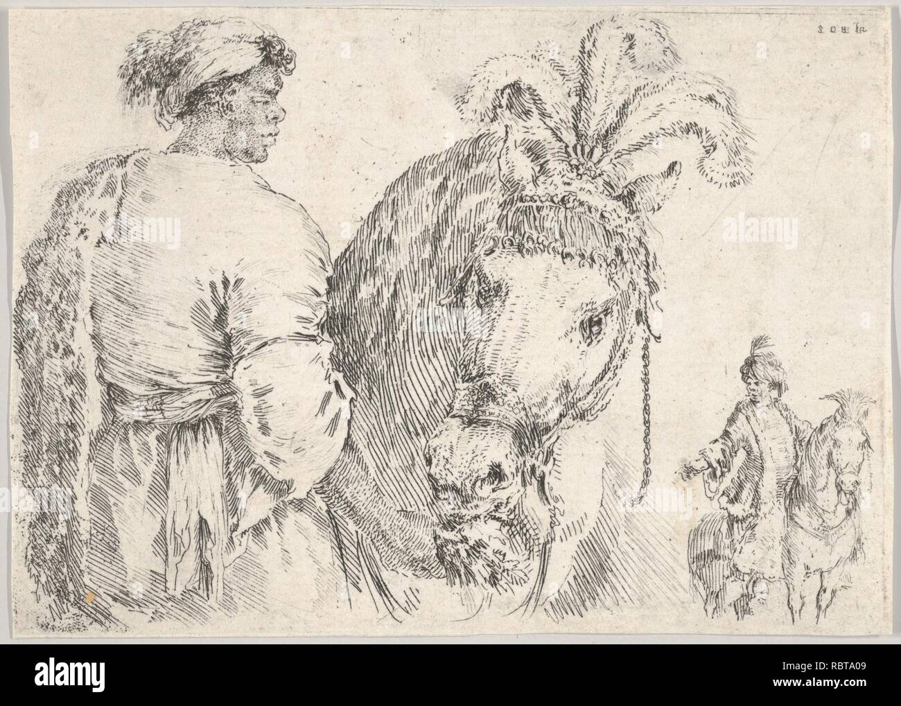 A man at left in profile giving a handful of hay to a horse at center ...