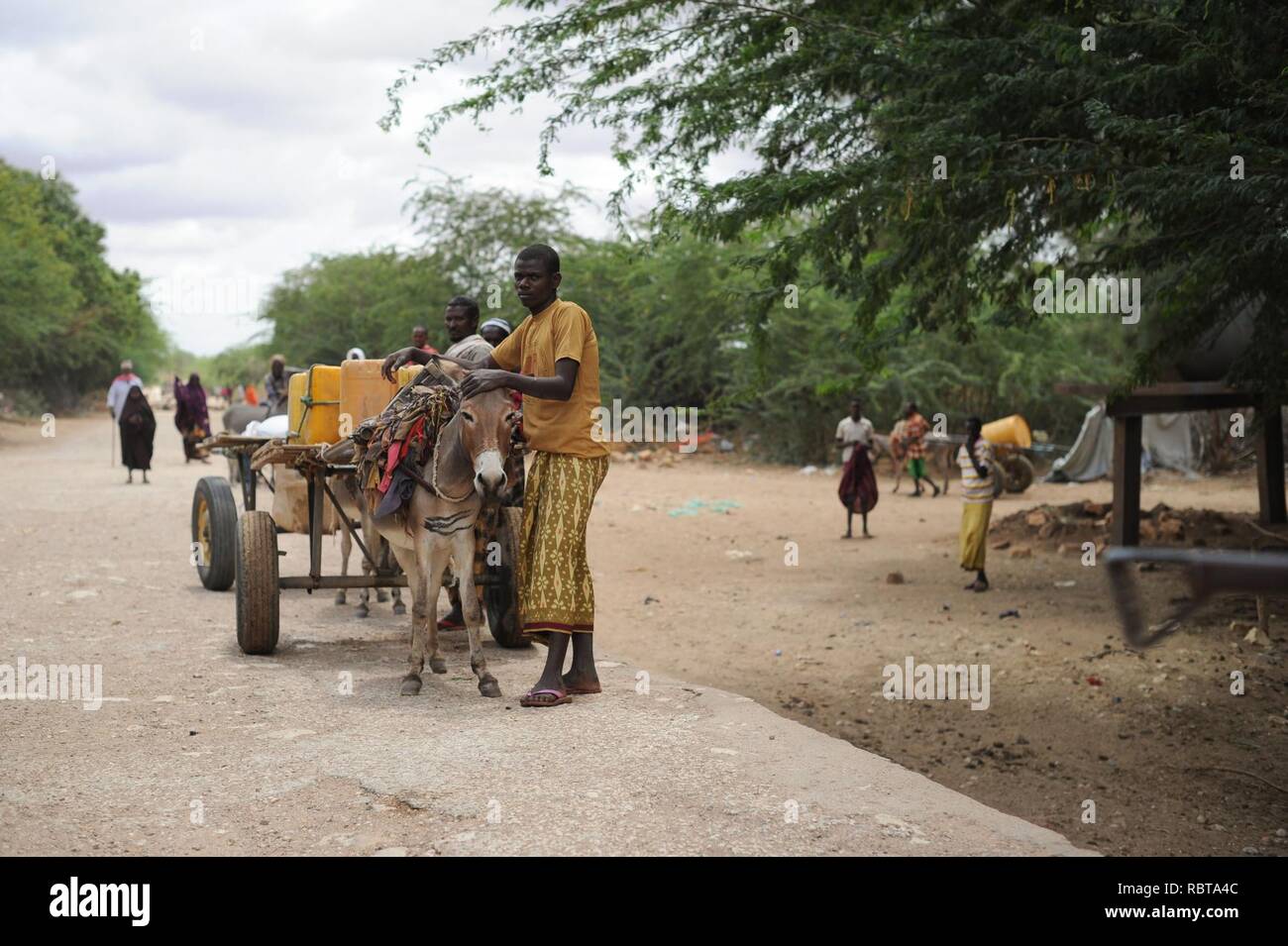 A man sits on his donkey cart next to a water point in Bulo Burte ...