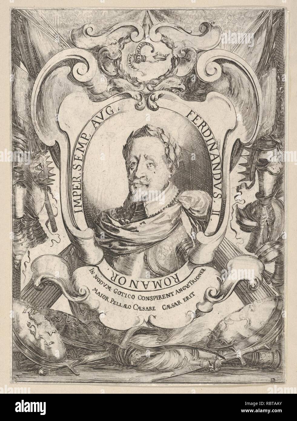 A mid-bust portrait of Emperor Ferdinand II, within an oval frame ...