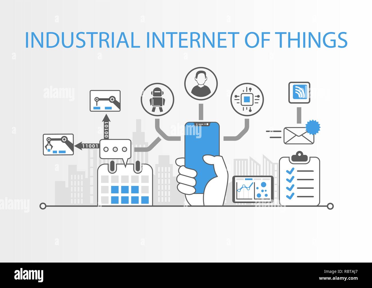 Industrial internet of things concept with hand holding modern bezel ...