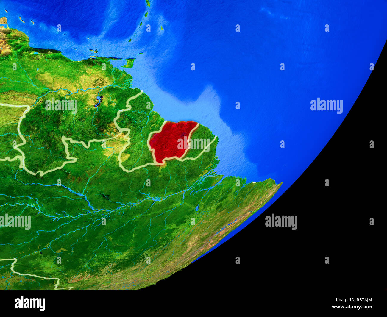 Suriname on planet Earth with country borders and highly detailed ...