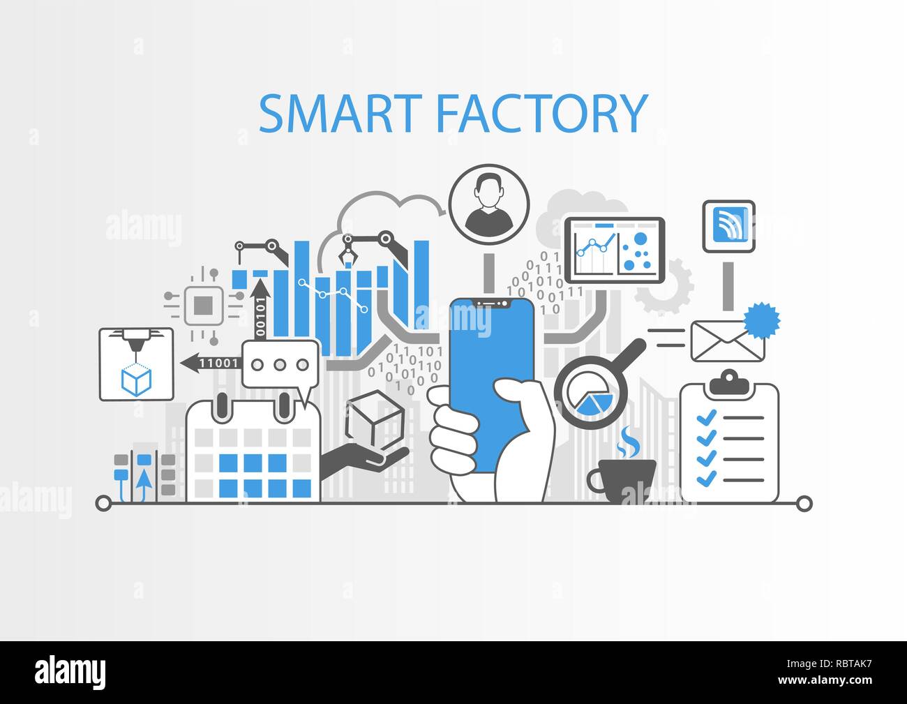 Smart factory concept with hand holding modern bezel free smart phone ...