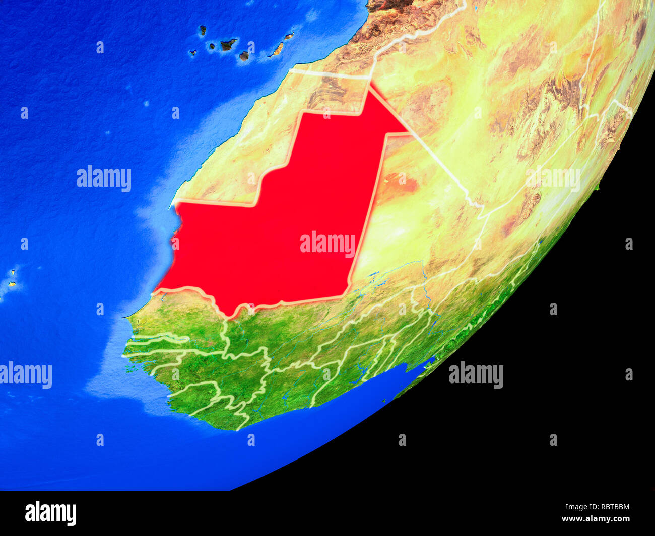 Mauritania on planet Earth with country borders and highly detailed ...
