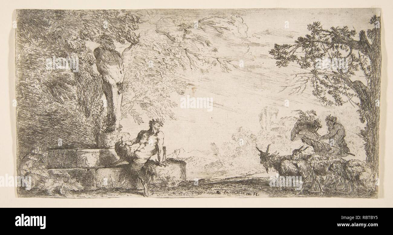 A satyr reclining at the foot of a staute of Priapus, goats at the ...