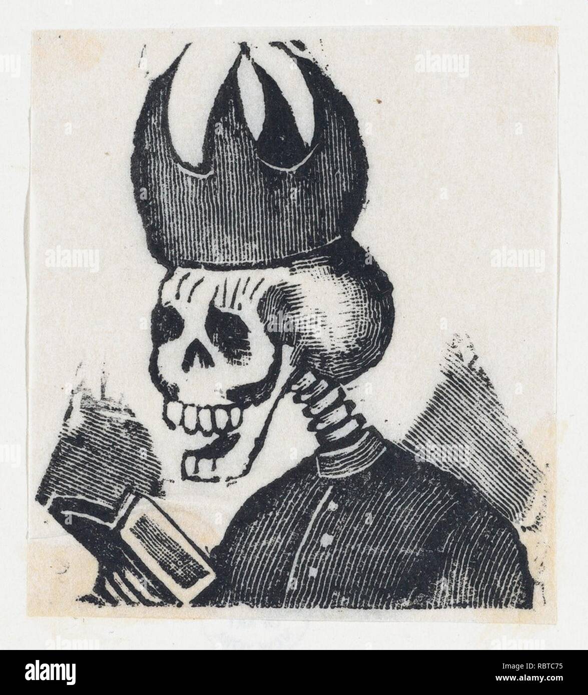 A skeleton wearing a bishop's mitre reading a book (vignette for the ...