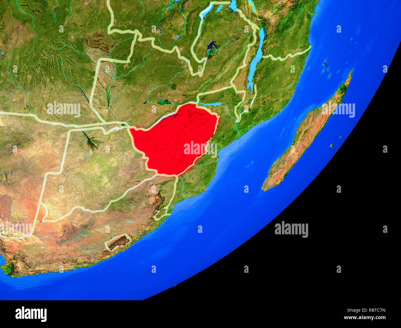Zimbabwe on planet Earth with country borders and highly detailed ...