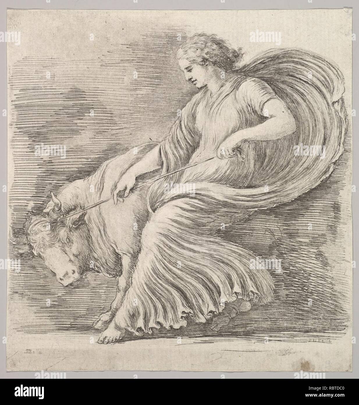 A woman in profile pulling back on a rope tied around the horns of a ...