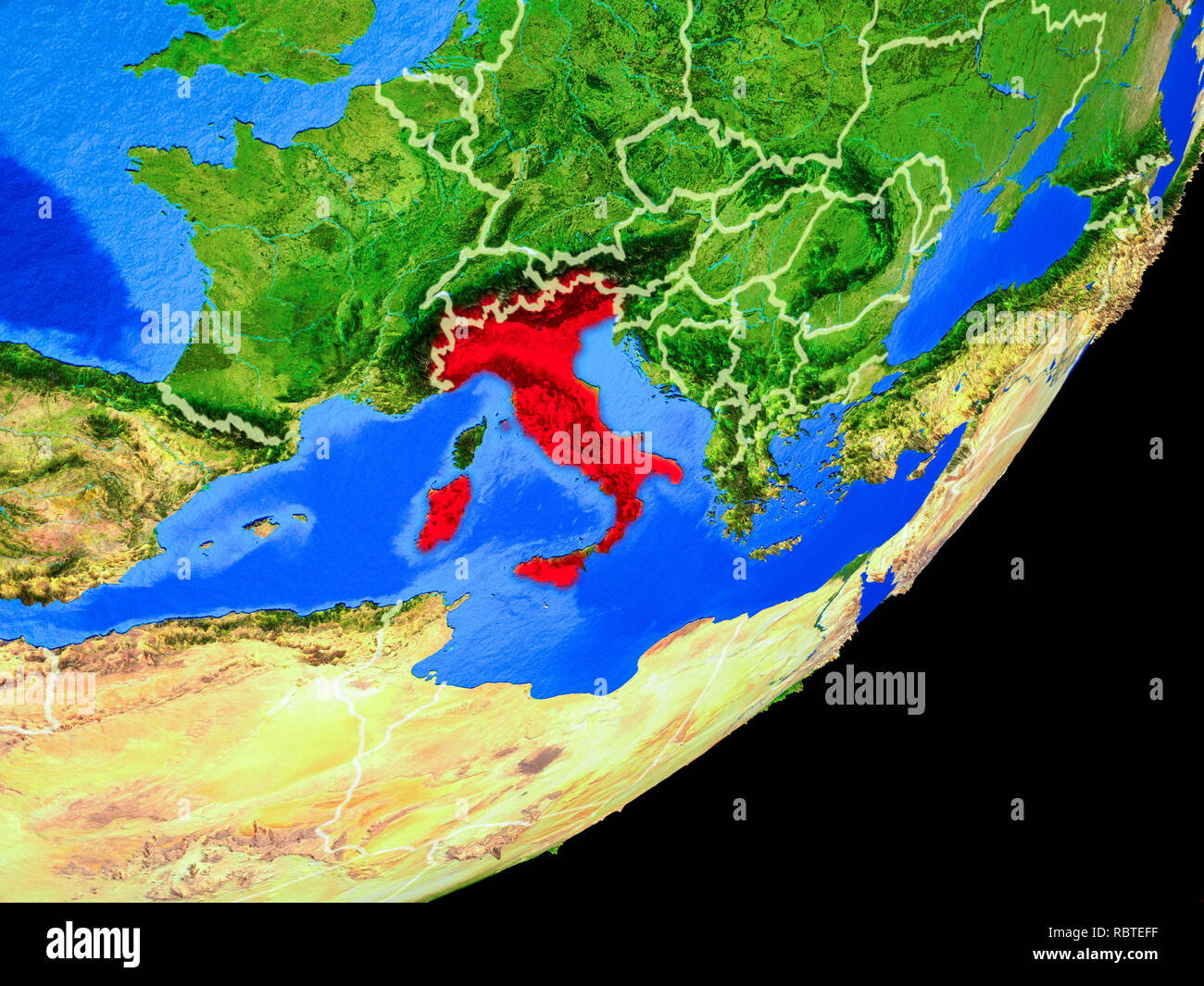 Italy on planet Earth with country borders and highly detailed planet ...