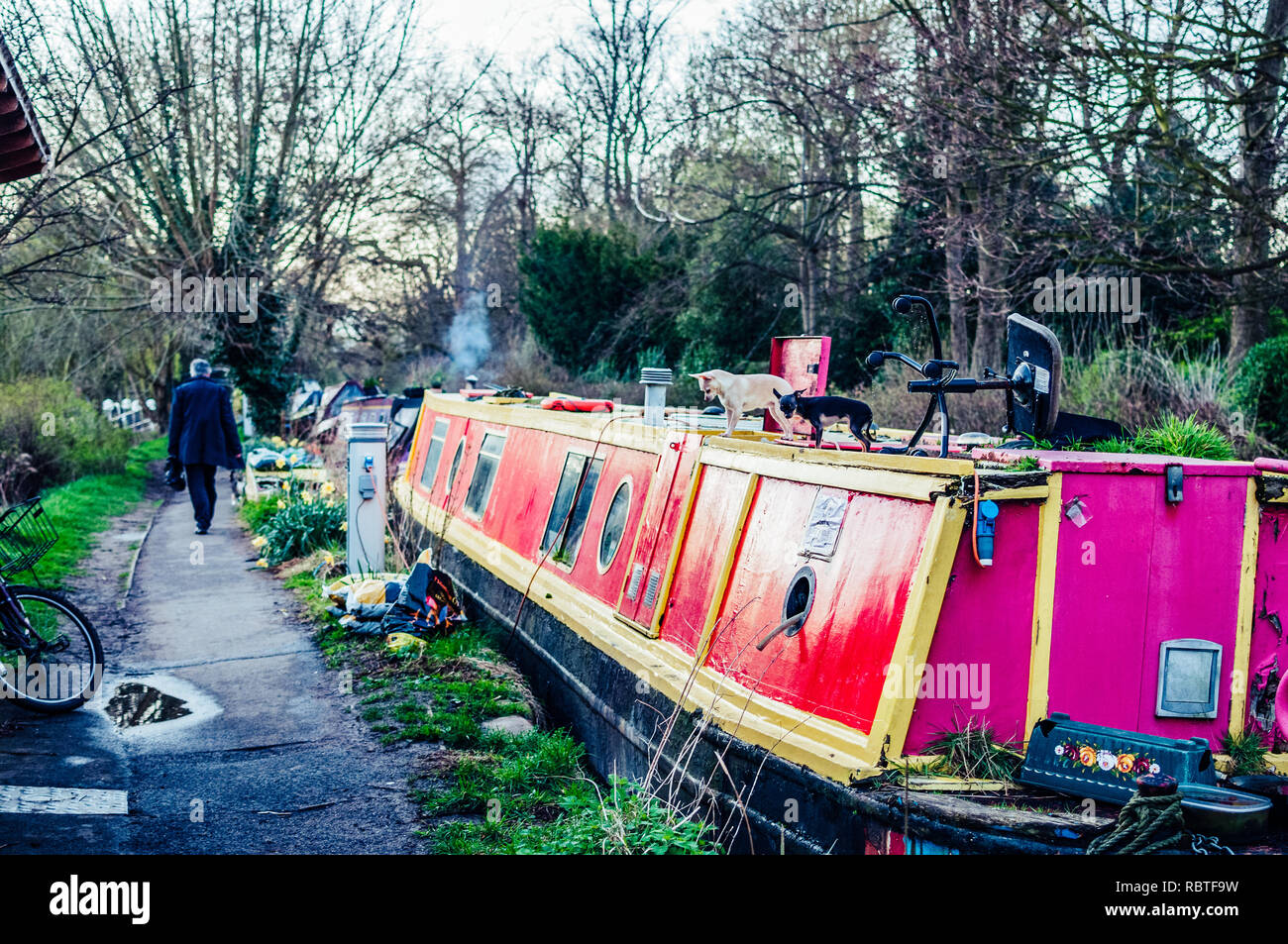 The Isis Canal in Oxford with brightly coloured narrowboat Stock Photo ...