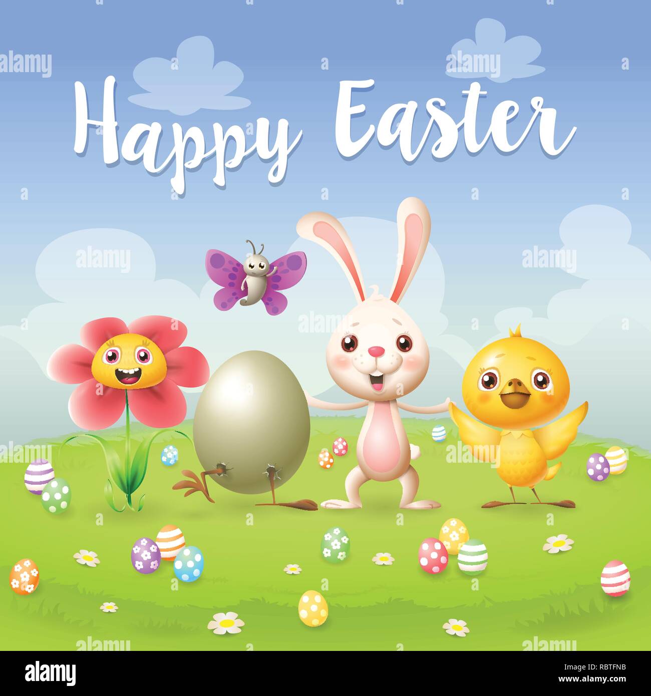 Happy friends celebrate Easter - spring landscape background - greeting ...