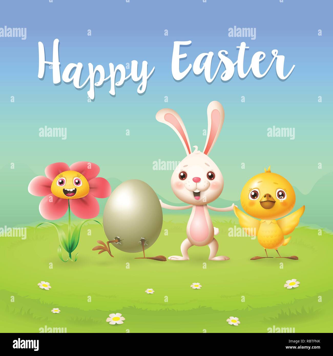 Happy friends celebrate Easter on landscape background - greeting card ...